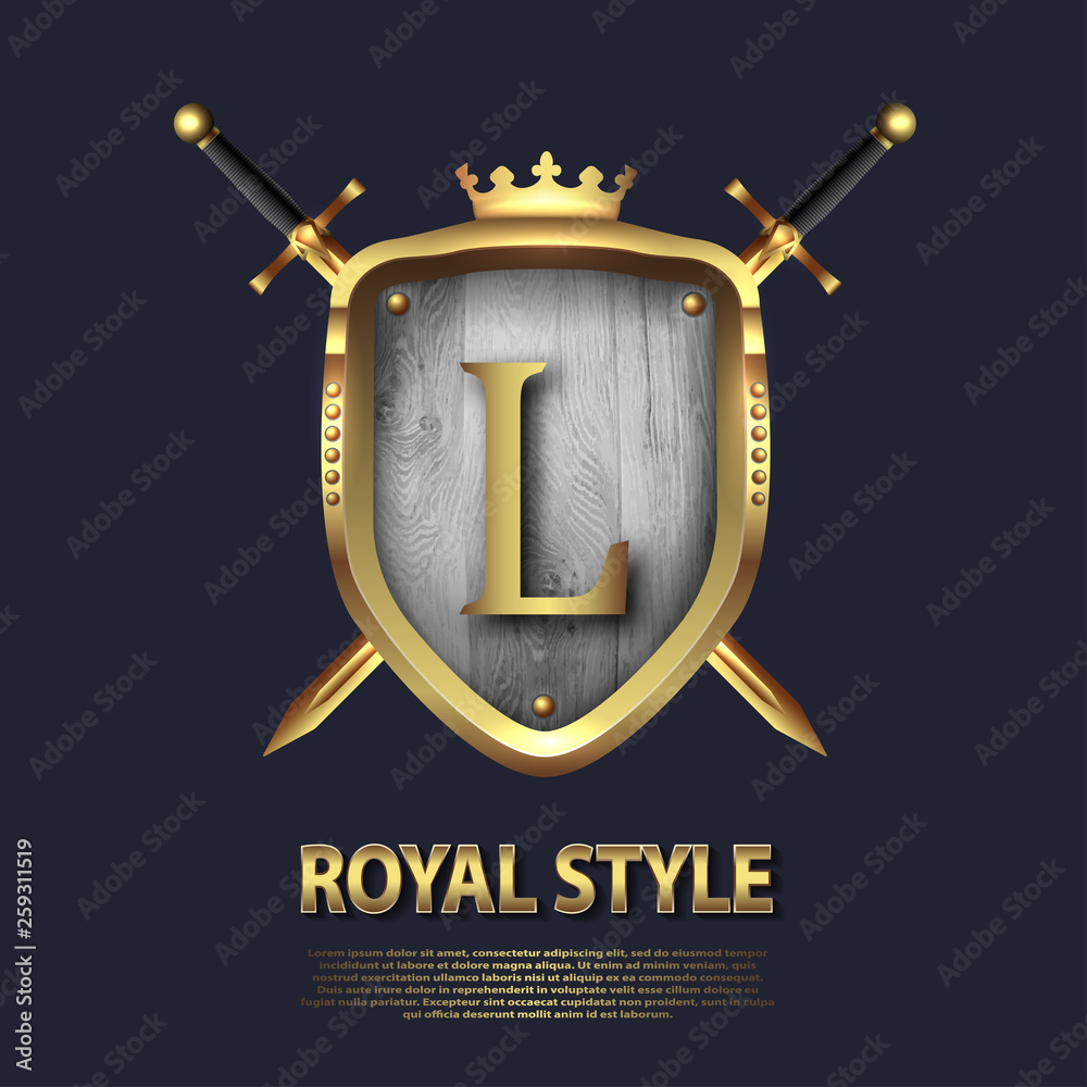 Two crossed swords and shield with crown and letter L. Letter Design in ...
