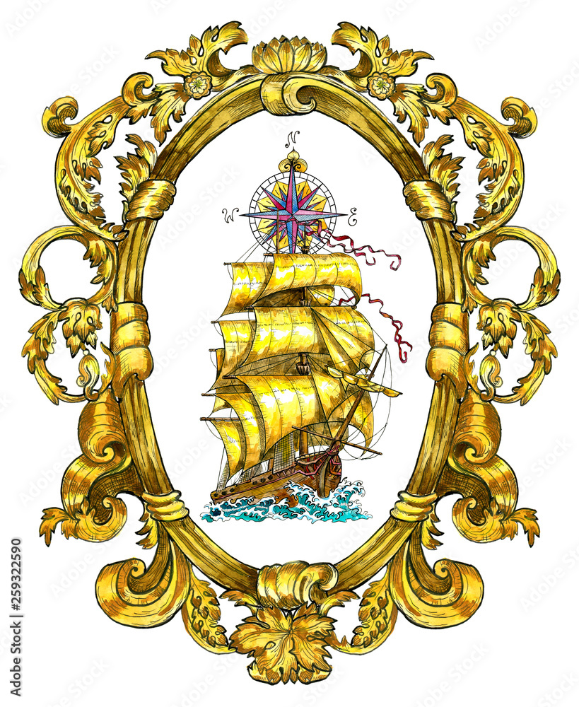 Old sailing ship with yellow sails in baroque frame isolated on white ...