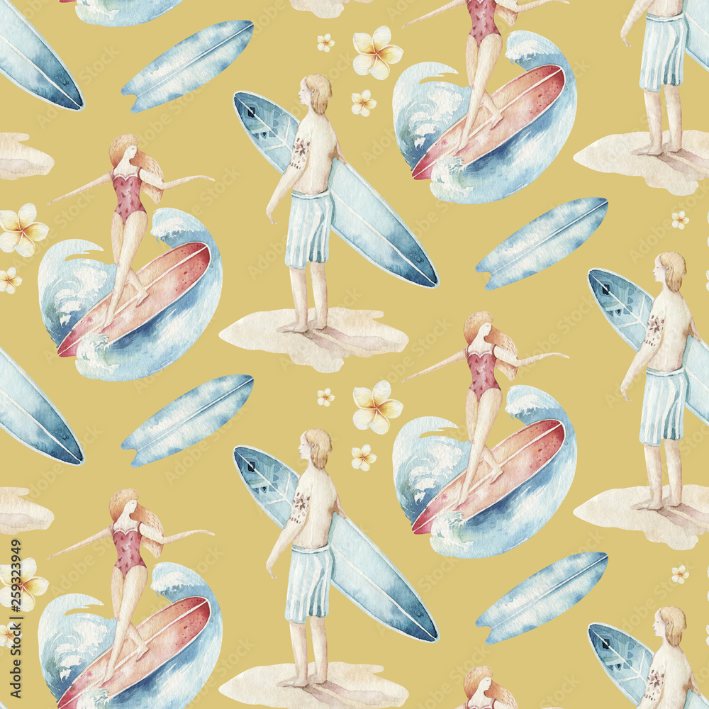 Watercolor style seamless surfing pattern of surf man and woman surfers ...