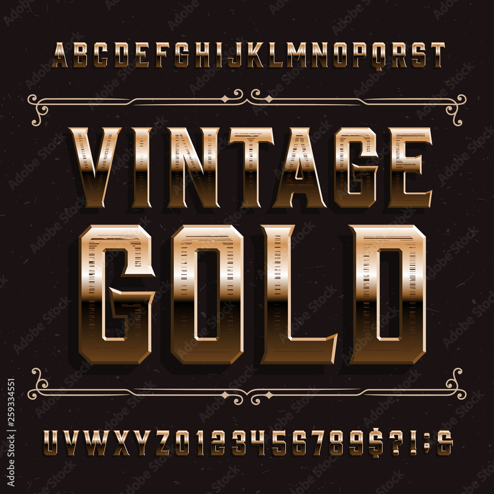 Vintage Gold alphabet font. Beveled letters and numbers on distressed ...