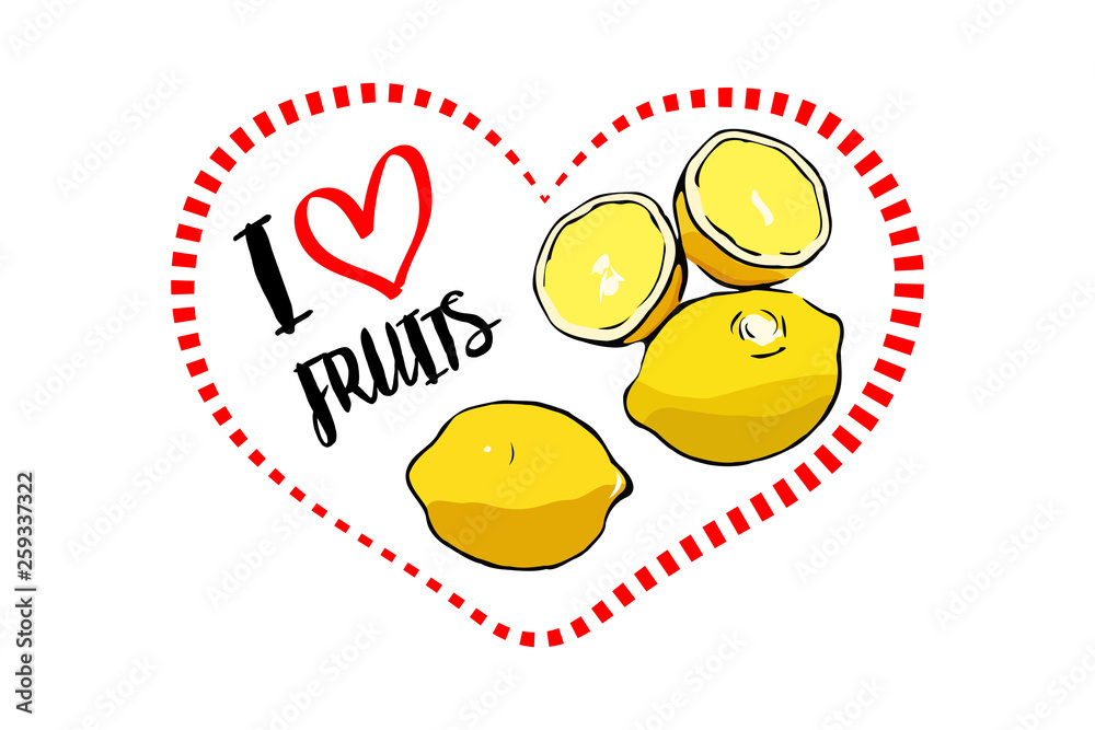 Dotted line red heart shape with I love fruits hand drawn text inside ...