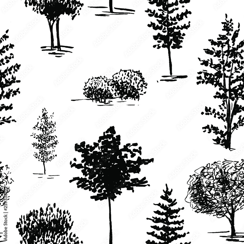 Trees sketch background. Seamless vector pattern. Hand painted black ...