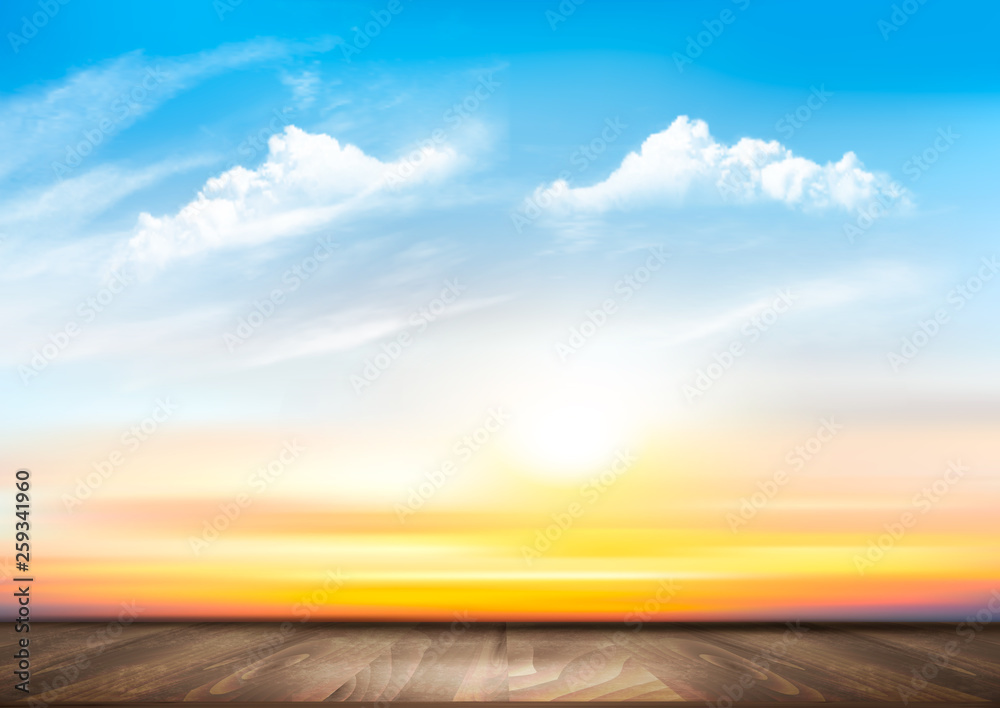 Sunset sky background with transparent clouds and wooden floor. Vector ...