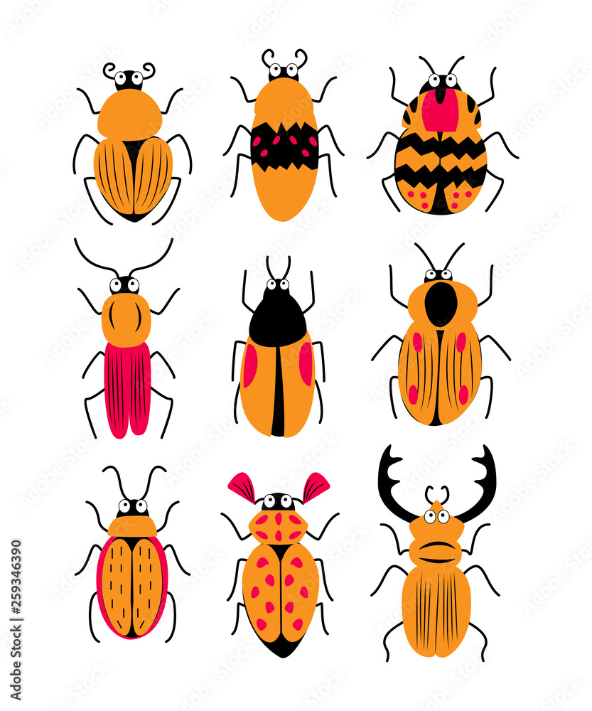 Cute vector set of different doodl bugs and beetles. Vector design ...