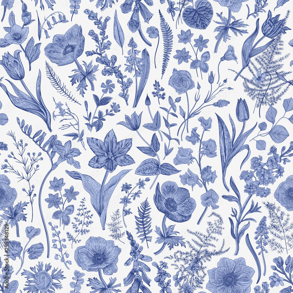 Spring Magic Seamless Floral Pattern Blue And White Toile De Jouy