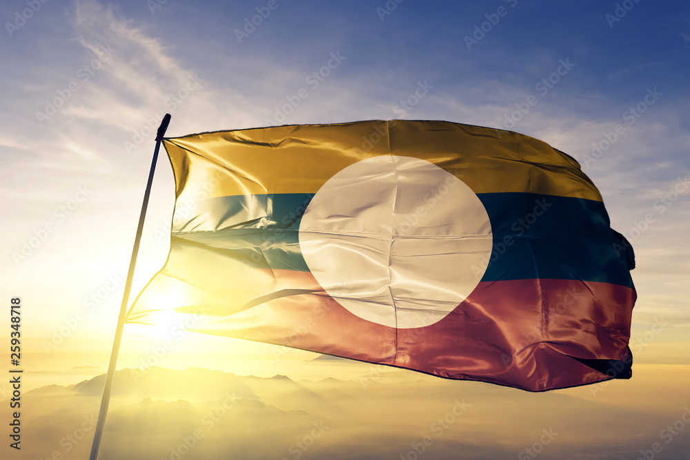 Shan state of Myanmar flag waving on the top sunrise mist fog Stock ...