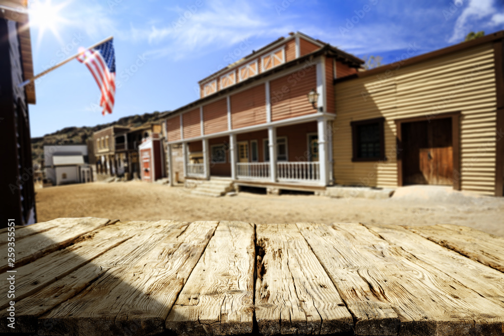 Wooden old table background and American city background Stock Photo ...