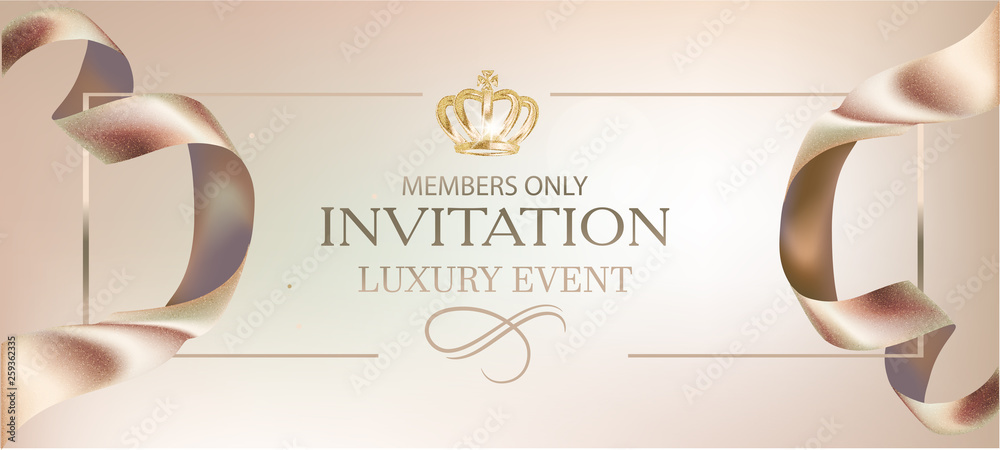 Elegant beige invitation card with beautiful curly ribbons. Vector ...