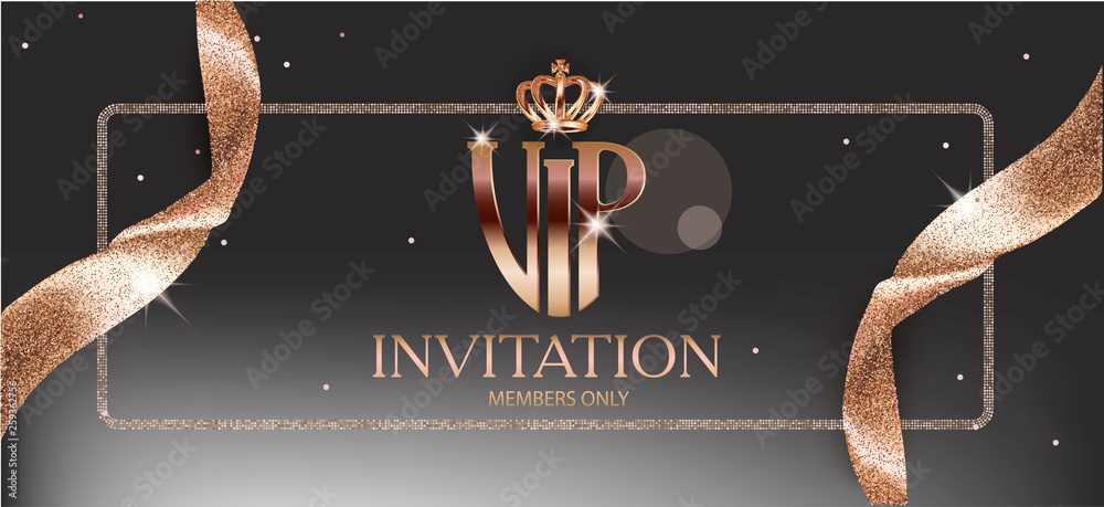 Elegant invitation VIP card with sparkling ribbons and crown. Vector ...