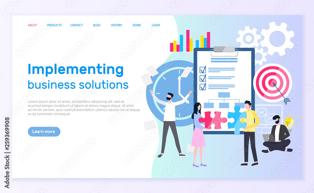 Implementing business solutions vector, teamwork and plan on notepad ...