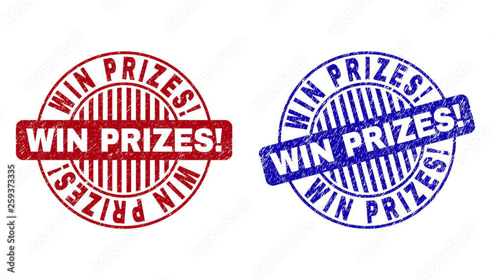 Grunge WIN PRIZES Exclamation round stamp seals isolated on a white ...