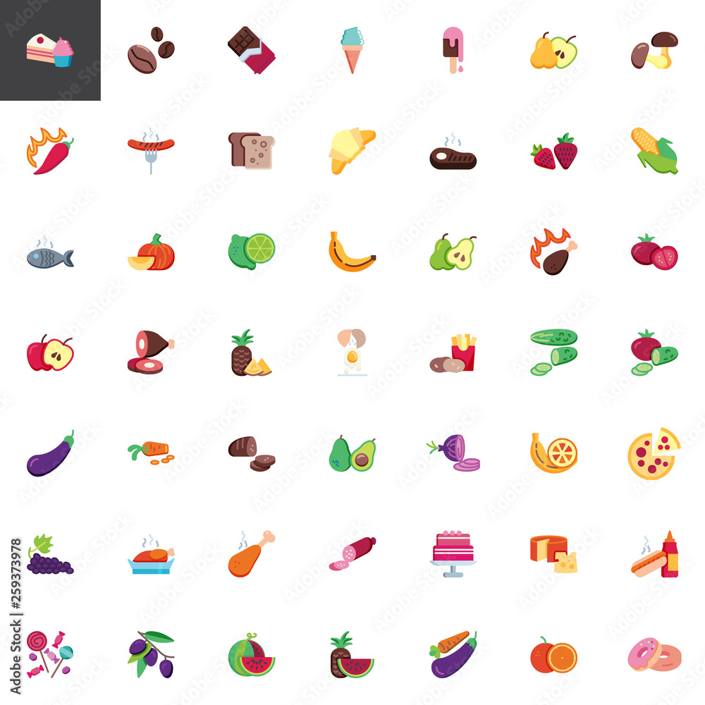 Food and snacks elements collection, flat icons set, Colorful symbols ...
