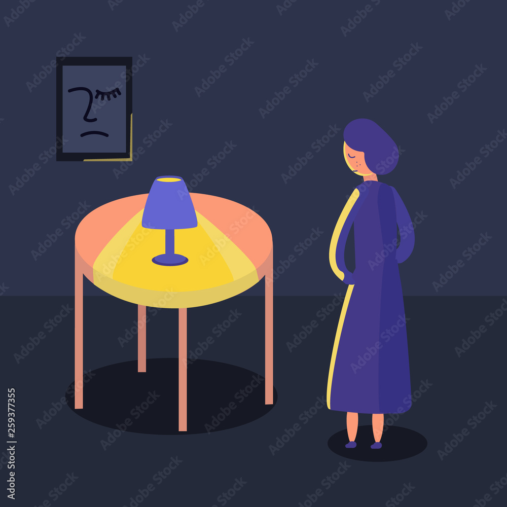 Vector illustration of a sad girl standing in a dark room by a lamp ...