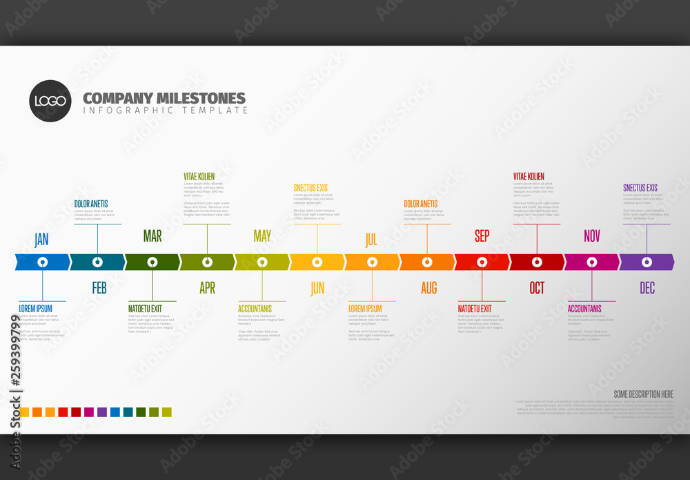 Rainbow Monthly Full Year Timeline Layout with Connected Arrows Stock ...