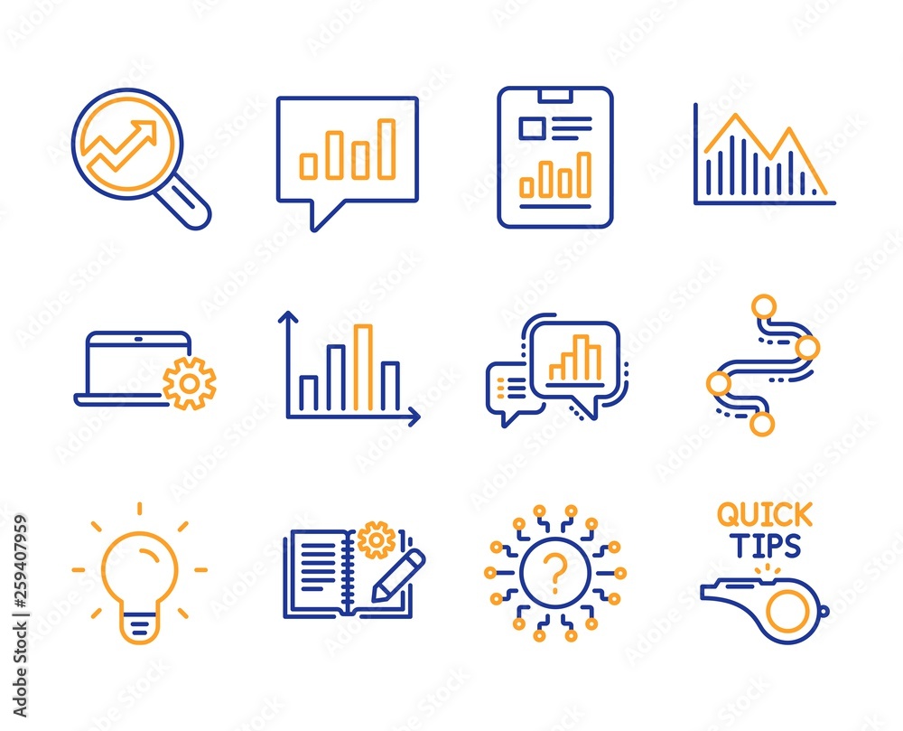 Graph chart, Light bulb and Notebook service icons simple set. Analytics, Engineering ...