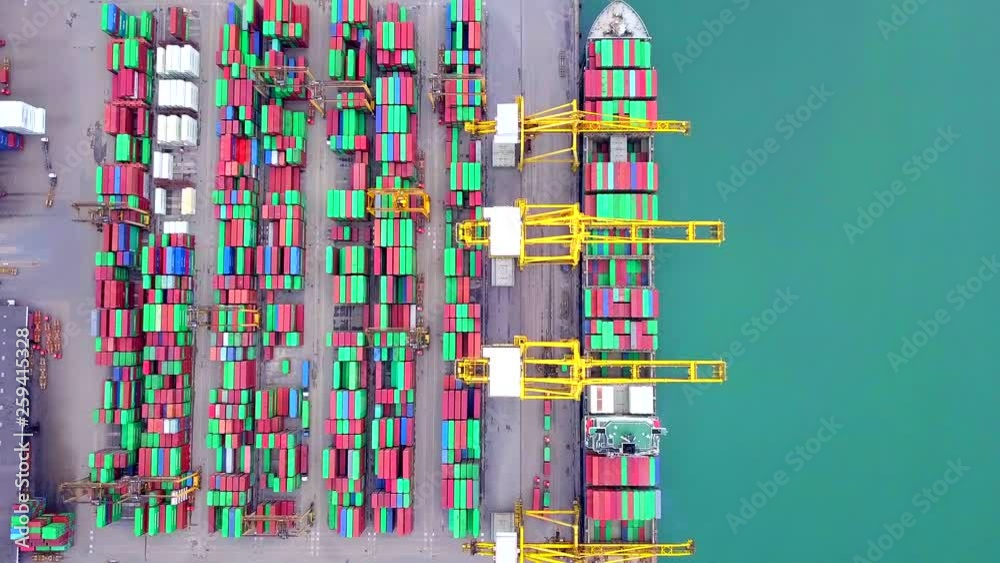 Aerial view port container terminal container ship in import export and ...