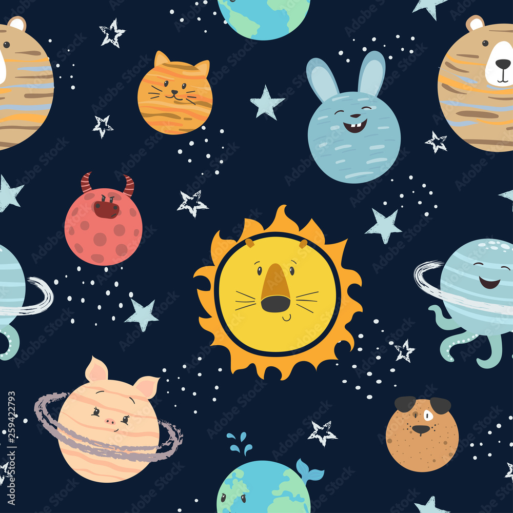 Cartoon solar system pattern. Space vector background with cute planets ...