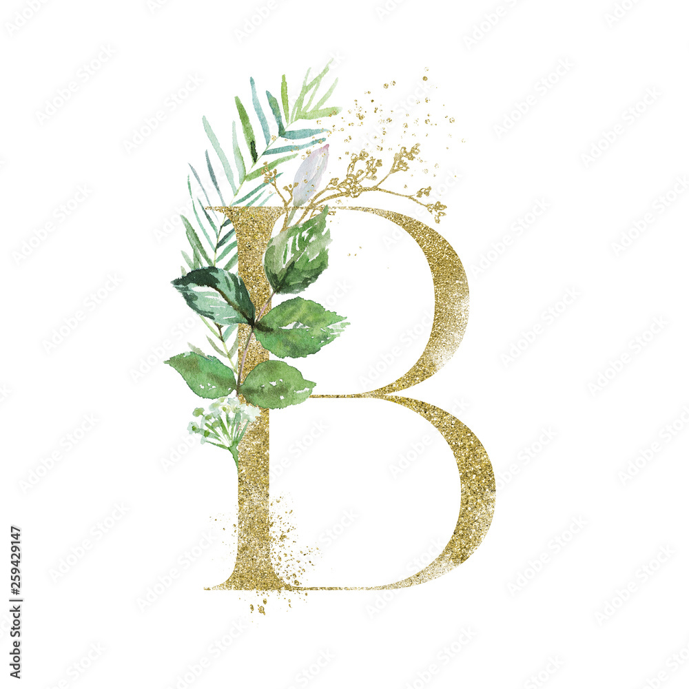 Gold Floral Alphabet - letter B with botanic branch bouquet composition ...