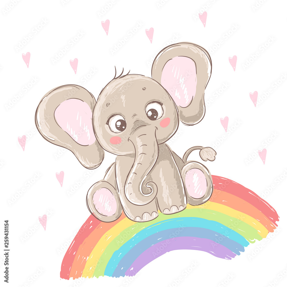 Cute baby elephant sitting on a rainbow. Hand drawn vector illustration ...