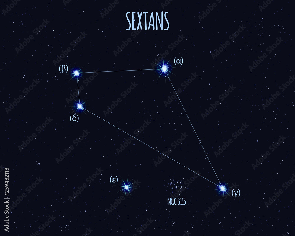 Sextans (The Sextant) constellation, vector illustration with the names ...