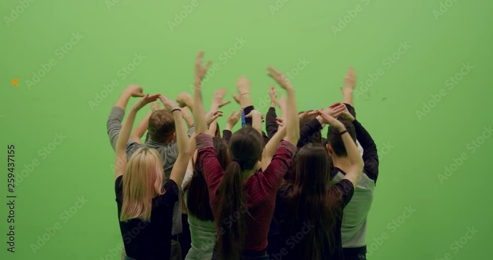 GREEN SCREEN CHROMA KEY Back view group of young people standing and ...