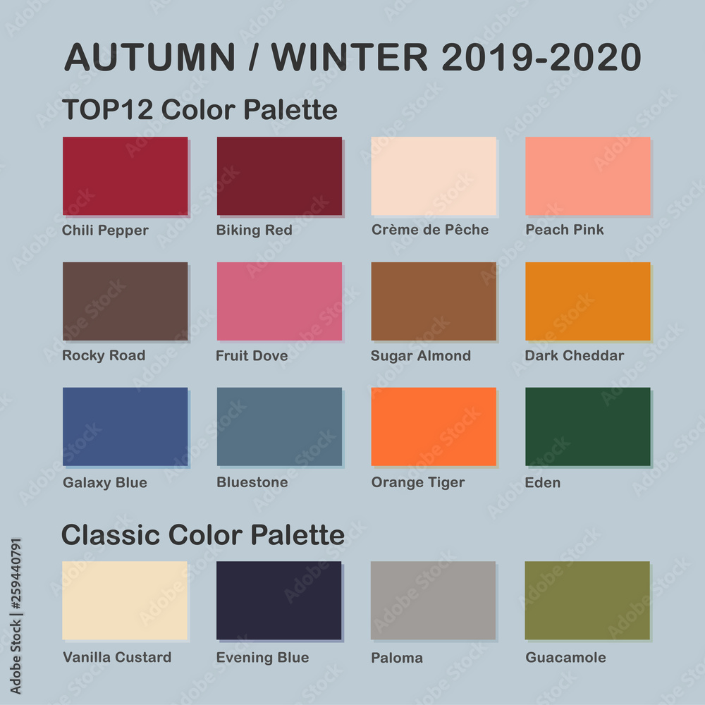 Autumn / Winter 2019-2020 trendy color palette. Fashion color trend ...