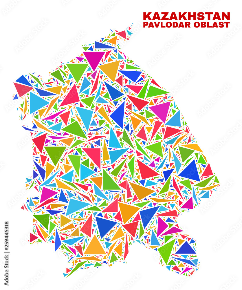Mosaic Pavlodar Region map of triangles in bright colors isolated on a ...