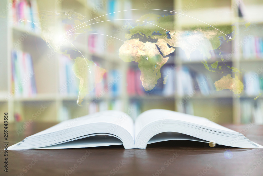 book opened on the table with Earth Maps bookshelf background,Element ...