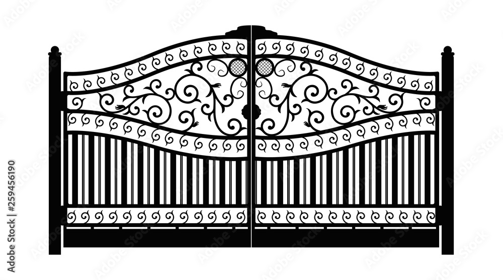 Forged gate. Architecture detail. Black forged iron gate with ...