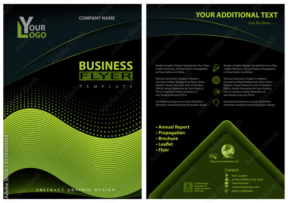 Flyer Template with Neon Green Graphic Elements on Black Background ...