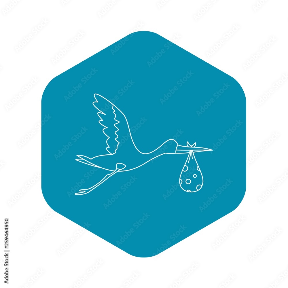 Flying stork with baby icon. Outline illustration of flying stork with ...