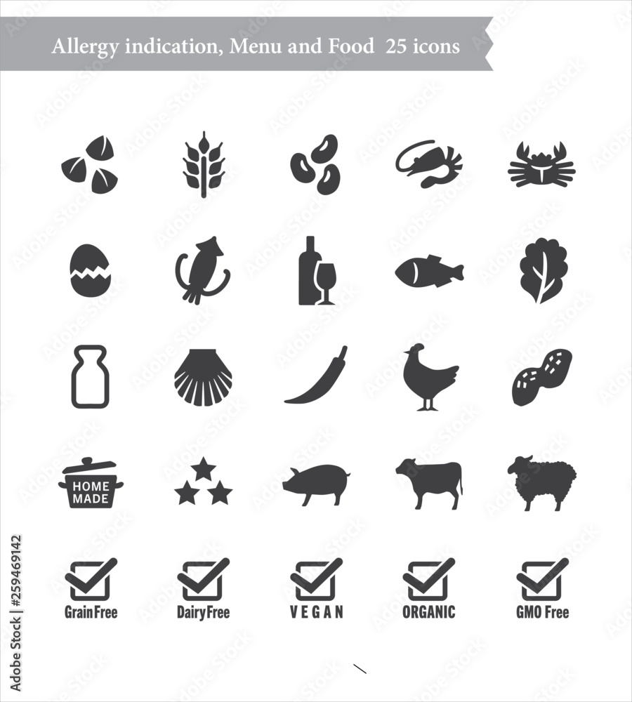 Allergens 25 food and more, Restaurant menu icons Stock Vector | Adobe ...