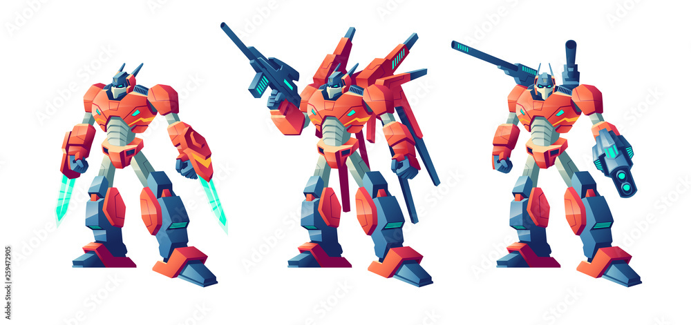 Battle robots, transformers armed laser swords, plasma gun and shoulder ...