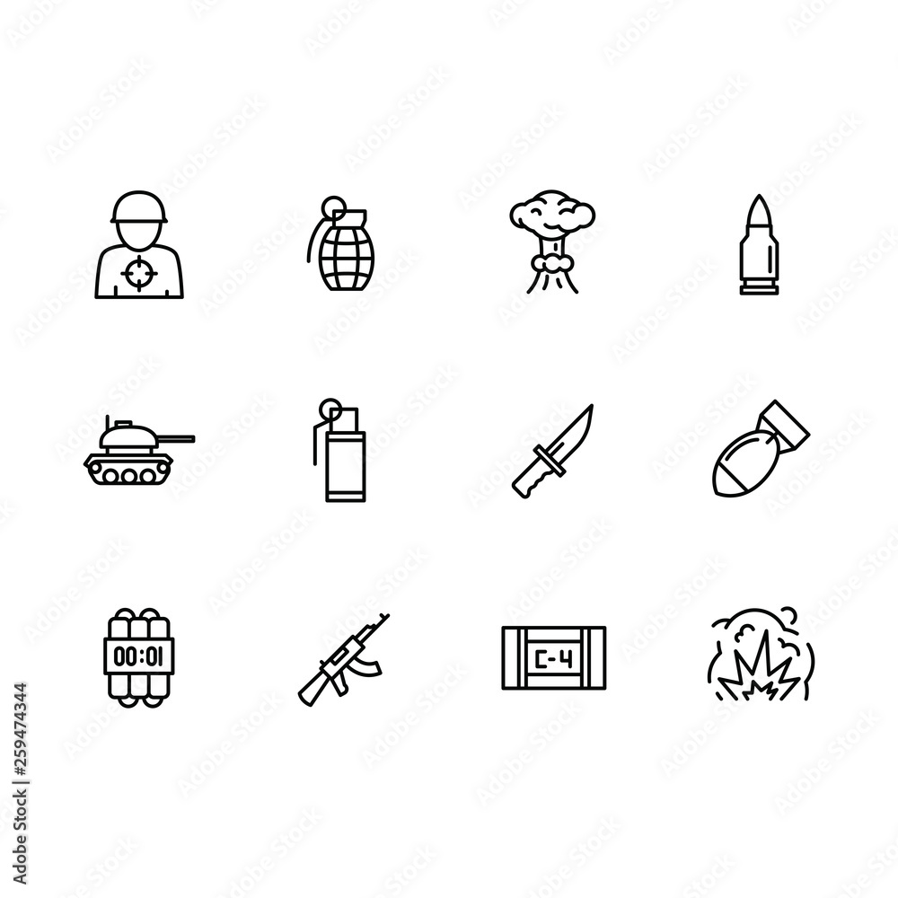 Simple set war, army, military and anti terrorism illustration line ...