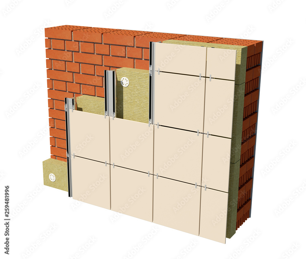3d render image of insulated house wall with ventilated facade ...
