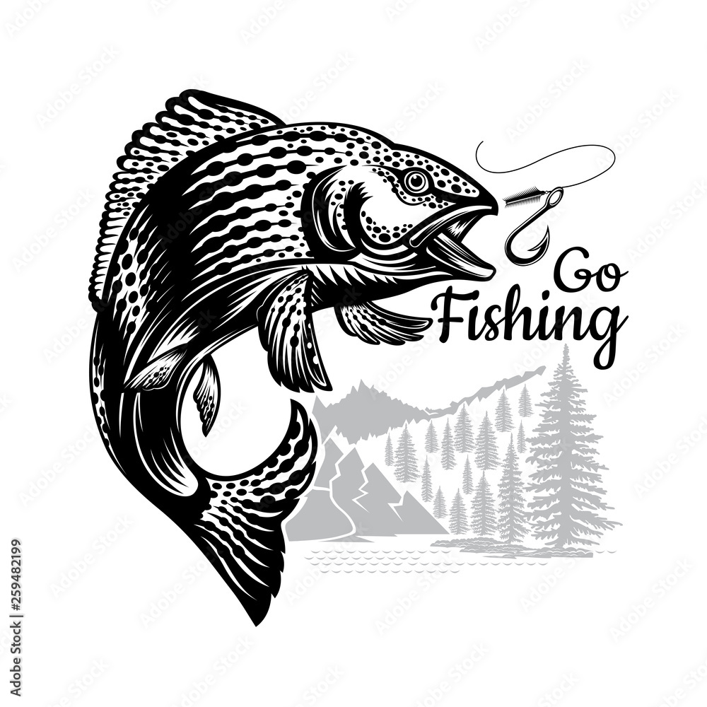 Salmon fish bend in engrving style on nature background. Logo for ...