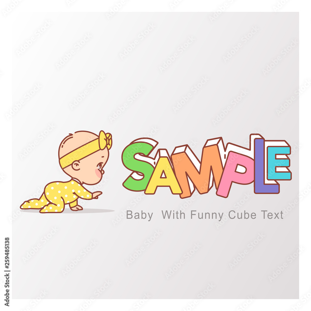 Little baby crawling. Kid near logo template, Cubic form of letter ...