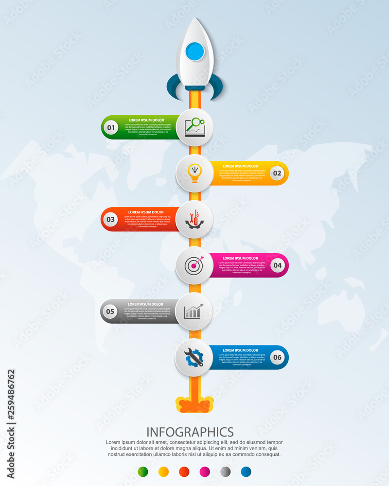 Timeline startup infographics with six circle and icons template. 3D ...