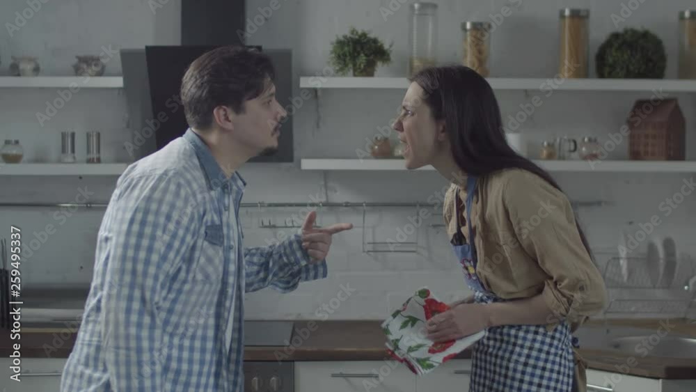 Young married couple scolding in domestic kitchen, screaming to each ...