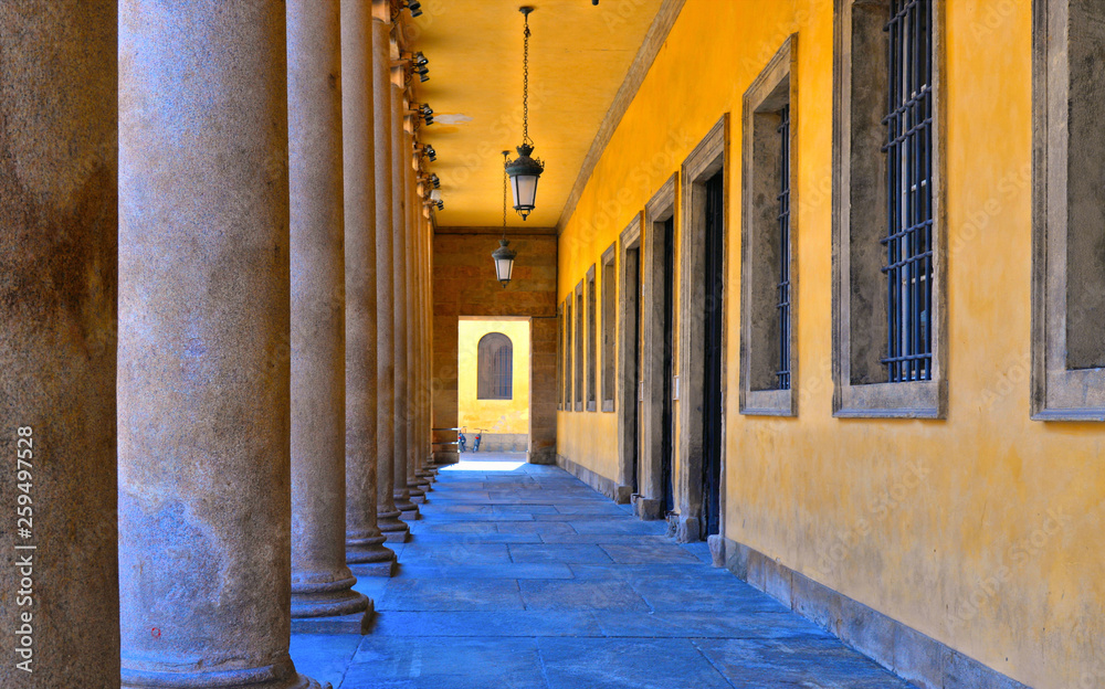 inside columns of Teatro Regio theater in Parma in vanishing point ...