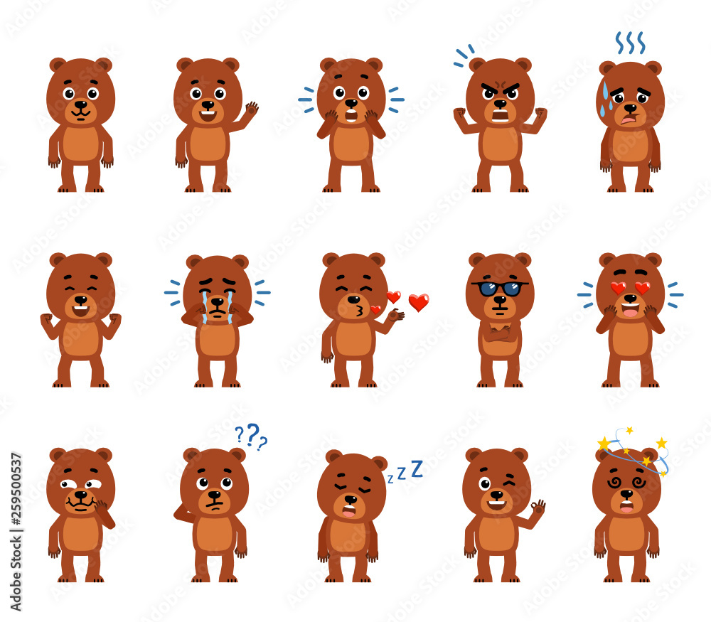 Set of cartoon teddy bear characters showing various emotions. Funny ...