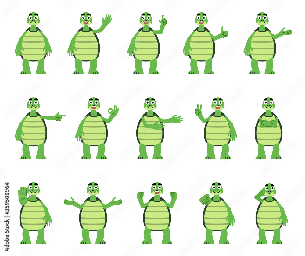Set of cartoon turtle characters showing various hand gestures. Funny ...