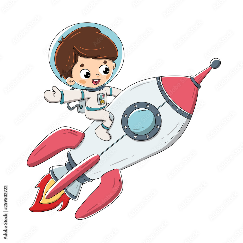 Niño sentado en un cohete volando por el espacio Stock-Vektorgrafik ...