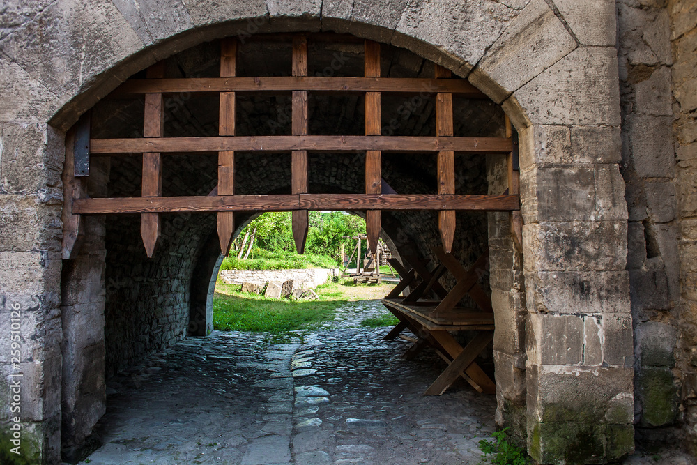 Medieval wooden grid gate to ancient castle Stock Photo | Adobe Stock