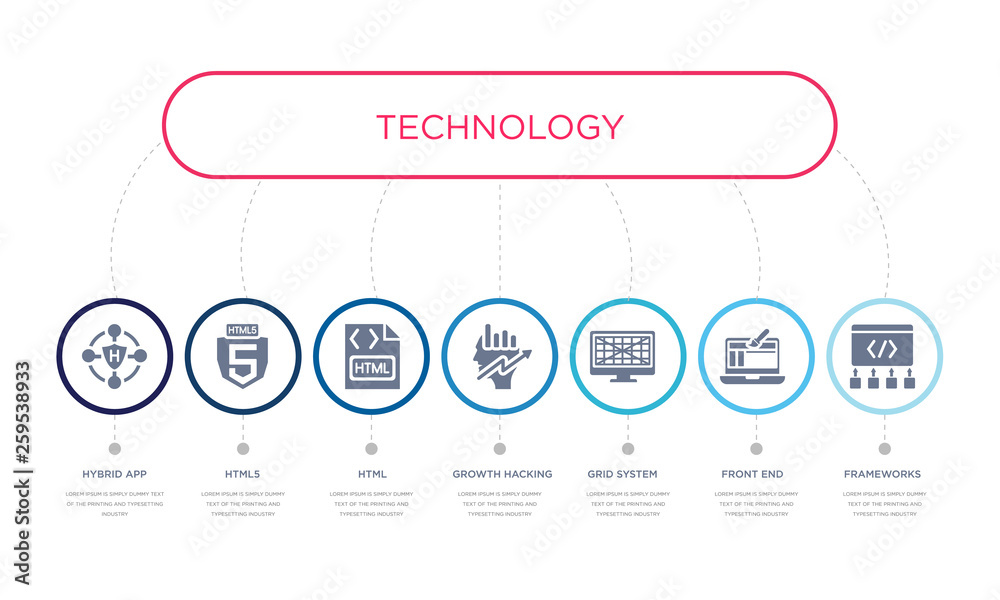 simple illustration set of 7 vector blue icons such as frameworks ...