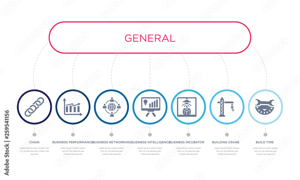 simple illustration set of 7 vector blue icons such as build time ...