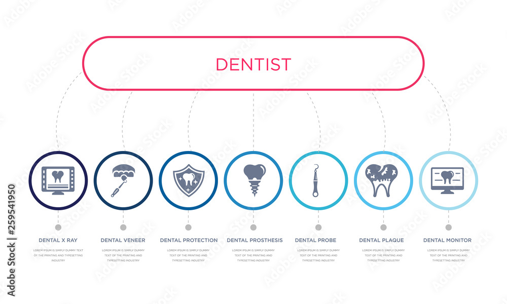simple illustration set of 7 vector blue icons such as dental monitor ...