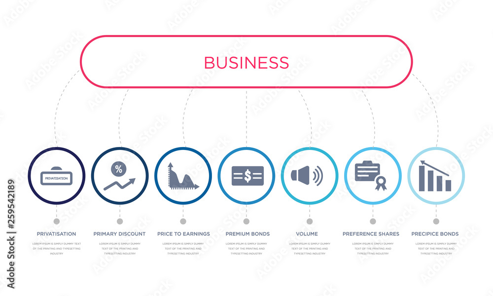 simple illustration set of 7 vector blue icons such as precipice bonds ...