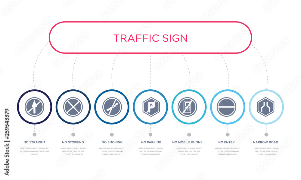 simple illustration set of 7 vector blue icons such as narrow road, no ...