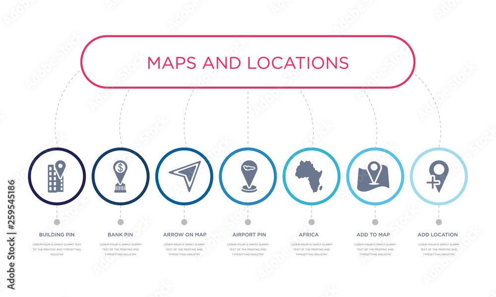 simple illustration set of 7 vector blue icons such as add location ...